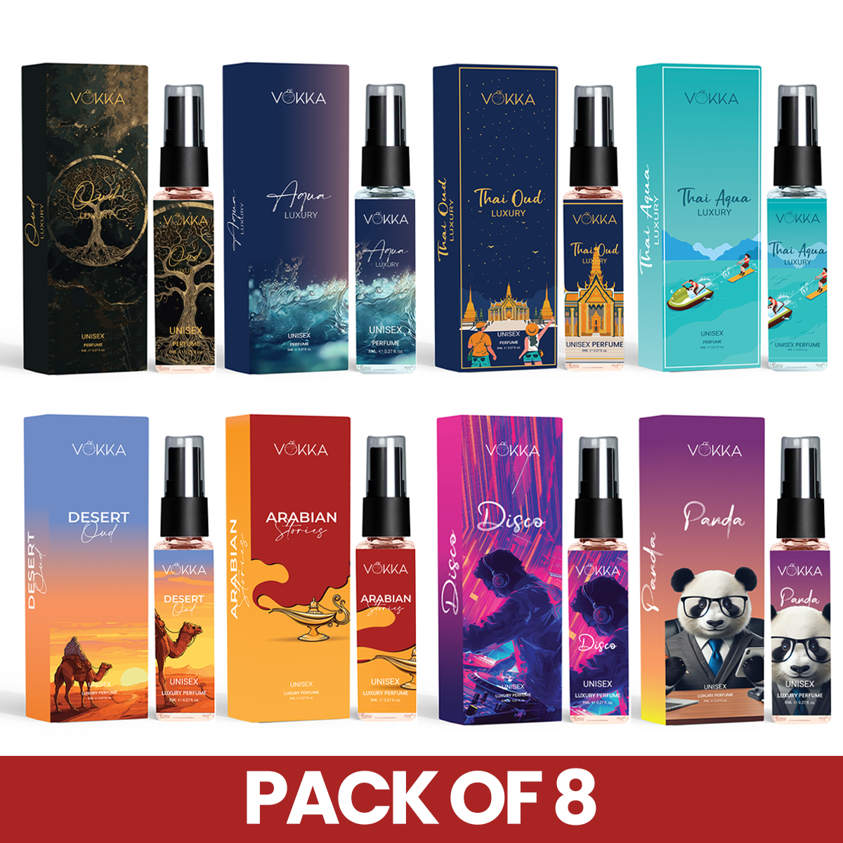 Vokka Perfume Trial Pack – Pack of 8 x 8ml Unisex Luxury Perfumes ...