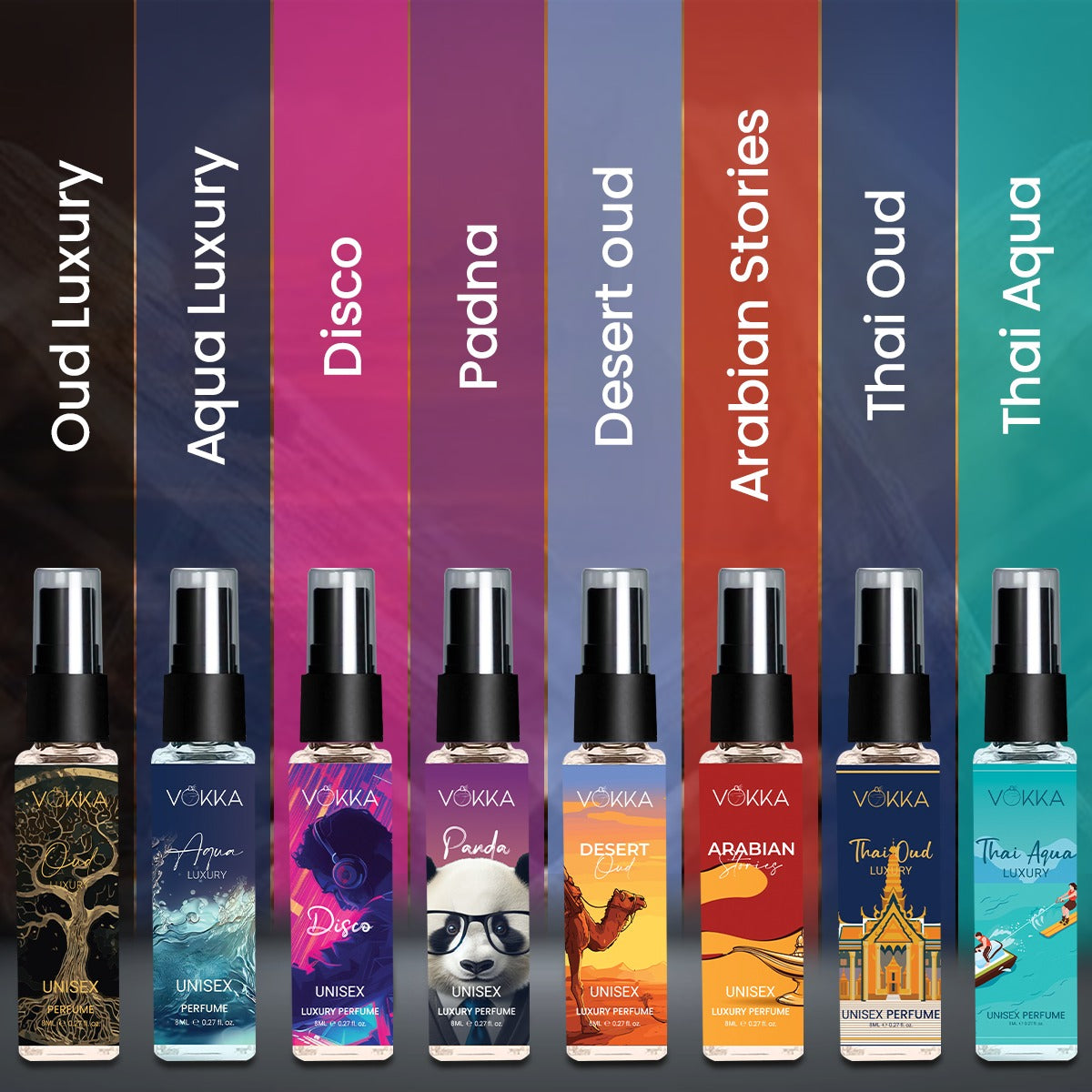 Vokka Perfume Trial Pack – Pack of 8 x 8ml Unisex Luxury Perfumes - Vokka Perfumes